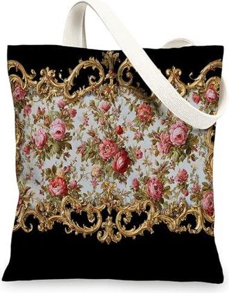 Generic Sacs fourre-tout en toile florale, sacs à provisions réutilisables, élégants motifs roses vintage, décoratifs, légers, lavables, noir, 13x15 Inch