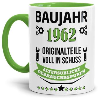 Tassendruck Geburtstags-Tasse Baujahr 1962 Innen & Henkel Hellgr&uuml;n/Kaffee-Tasse/Mug/Cup/Becher/Lustig/Witzig/Fun/Geschenk-Idee/Geburts-Jahr/Scherz-Artikel/Geburts