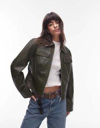Topshop Veste coupe carr&eacute;e en cuir v&eacute;ritable de qualit&eacute; sup&eacute;rieure - Vert fonc&eacute;