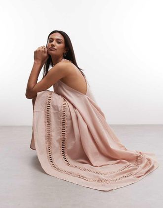 AllSaints Lil - &Auml;rmelloses Midikleid aus rosa Spitze mit Ringerr&uuml;cken