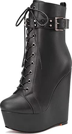Castamere Femmes Haut High Compens&eacute; Plate-forme Talon Heel Rond Bout Bottines Lacets Fermeture &agrave; Glissi&egrave;re Bottes Noir 45 EU