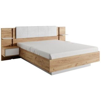 Vente-Unique Vente-Unique - Lit avec chevets 160 x 200 cm - 2 tiroirs de rangement - Avec LEDs blanches - Coloris naturel et blanc - &Eacute;co-responsable