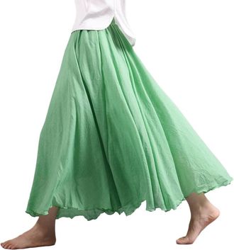 ORANDESIGNE Baumwolle Leinen Maxirock Boho Sommerrock Double Layer Elastische Taille Faltenrock Frauen Einfarbig Langer Rock Schwingrock Rock Tanzen Strandrock Gr