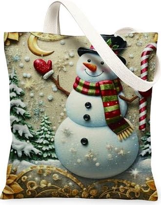 Generic Sac fourre-tout en toile motif bonhomme de neige de No&euml;l, sac r&eacute;utilisable, vintage, l&eacute;ger, lavable, bandouli&egrave;re C, blanc, 13x15 Inch