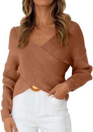 Generic Pull tendance &agrave; col en V crois&eacute; pour femme - Pull habill&eacute; d&eacute;contract&eacute; - Pull court dautomne et dhiver - Tricot confortable &agrave; manches longues, caf&eacute;, M