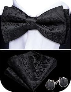 Barry.Wang Ensemble noeud papillon pr&eacute;-nou&eacute; en soie pour homme avec carr&eacute; de poche et boutons de manchette pour mariages et &eacute;v&eacute;nements formels, floral/noir, tail