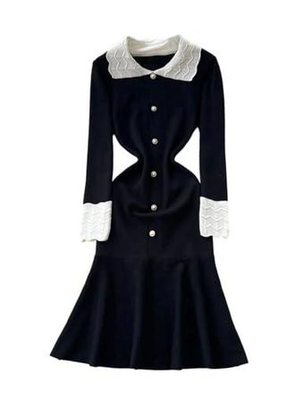 Generic Robe française en tricot à volants et manches longues avec col rabattable, tenue élégante, Noir, M