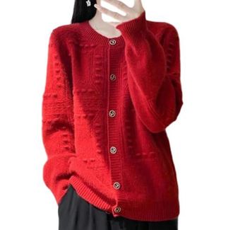 Generic Cardigan en tricot &agrave; manches longues et col en V pour femme, Rouge, L