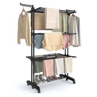 Songmics W&auml;schest&auml;nder, Standtrockner 4 Ebenen, Fl&uuml;gelw&auml;schest&auml;nder, klappbare Fl&uuml;gel, mit Rollen, 63,5 x 125,5 x 173 cm, gro&szlig;, einfacher Aufbau, tintenschwarz