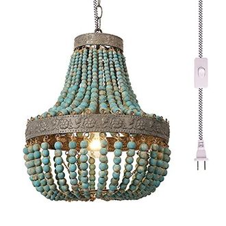 Newrays Bois Perle Lustre Pendentif Bleu Finition Boh&egrave;me Boho Beachy Plafonnier Luminaires, Brancher