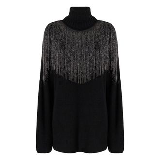 Pinko Rippstrick-Pullover mit Fransenstickerei - - Knitwear - Damen - Schwarzk - S