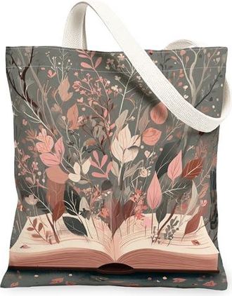 Generic Sacs fourre-tout r&eacute;utilisables en toile avec motif floral et feuilles, sacs d&eacute;picerie vintage, l&eacute;gers et lavables en toile, gris, 13x15 Inch