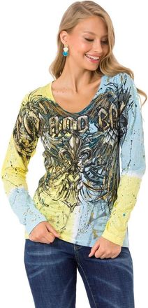 Cipo & Baxx Damen Sweatshirt Langarm WL335 Gelb Blau - Stylischer Pullover mit Print & Verzierungen - Bequemer Alltags-Look f&uuml;r Freizeit, Schule & Streetwear Outf