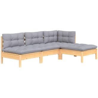 vidaXL Salon de jardin 4 pcs avec coussins gris Bois de pin vidaXL