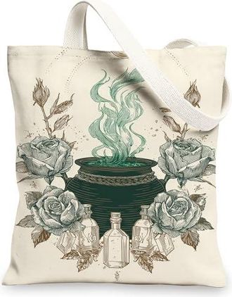 Generic Mystical Sacs fourre-tout en toile, motif potion florale, sacs dépicerie réutilisables, vintage légers et lavables en toile B, beige, 13x15 Inch