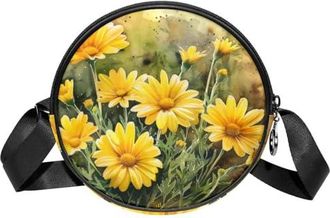 Generic Circle Sac &agrave; bandouli&egrave;re pour femme, petit sac &agrave; bandouli&egrave;re jaune marguerite avec fermeture &eacute;clair, bretelles r&eacute;glables, sac &agrave; main rond d&eacute;contract&eacute; 