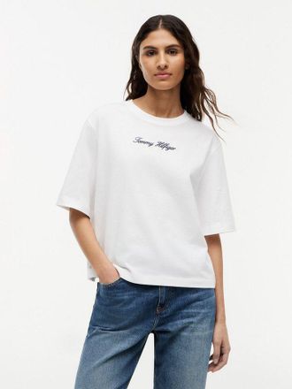 Tommy Hilfiger Kurzarmshirt CLASSIC SCRIPT TRAPEZE TEE Baumwolle, kurze Trapez&auml;rmel