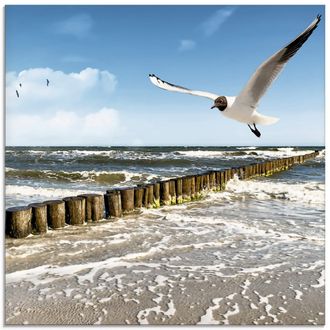 Artland ARTland Wanddeko Glasbilder Wandbild Glas Bild einteilig 40x40 cm Quadratisch Strand Möwen Meer Wellen Küste Ostsee Sommer Urlaub Natur Landschaft T5Q