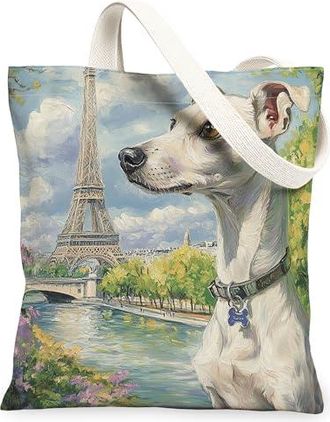 Generic Sac fourre-tout en toile motif chien Whippet printanier 33 x 38,1 cm, tour romantique, sac d&eacute;picerie r&eacute;utilisable pour femme, motif animal de compagni