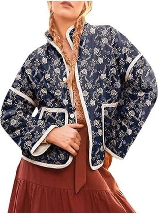 Generic Vestes pour femmes 2026 Veste imprim&eacute;e couleur bloqu&eacute;e &agrave; la mode hiver avec capuche, bleu marine, M