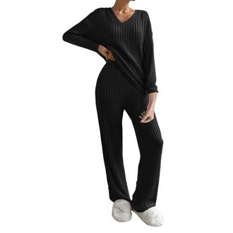 Generic MJGkhiy Ensemble de combinaison pour femme en tricot Curvy dhiver élégant pull à manches longues et pantalon à jambe large, combinaisons de maison, do