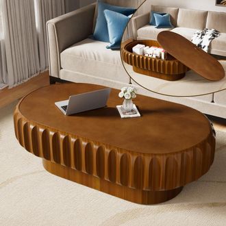 Generic Ovaler Couchtisch mit Stauraum f&uuml;rs Wohnzimmer, moderner ovaler Beistelltisch im Landhausstil mit geriffeltem Trommelfu&szlig;, Wohnzimmerm&ouml;bel f&uuml;r kleine W