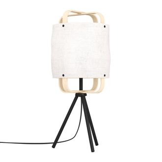 Eglo Stativ Tischlampe Surfleet, Tischleuchte aus Holz, Baumwolle in Leinen-Optik und Metall in Schwarz, kleine Stehlampe, Lampe f&uuml;r Wohnzimmer und Schlafz