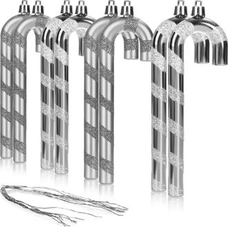 Com-Four 8X Christbaumanhänger Zuckerstange - Christbaumschmuck zum Anhängen - Weihnachtskugel in Zuckerstangen-Form - Weihnachtsbaum-Anhänger (silberfarben - 