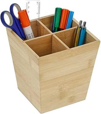 Relaxdays Stiftehalter, Stifteorganizer mit 4 F&auml;chern, Schreibtisch, HBT: 15,5 x 14,5 x 14,5 cm, Bambus Stiftebox, Natur