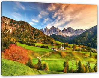 Pixxprint Herbstliche Landschaft in den Dolomiten, Größe: 120x80cm, Leinwandbild, fertig gespannt, Wandbild, Dekoration, Kunstdruck, kein Poster