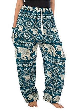 Lofbaz Womens Thai Elephants Drawstring Harem Boho Pants Teal Vert 2XL