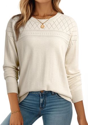 Dokotoo Damen Strickpullover Langarm Rundhals Pullover Elegant Lochmuster Wollpullover Pulli Herbst Winter Feinstrick Oberteile Bluse Tops, wei&szlig;, 2XL