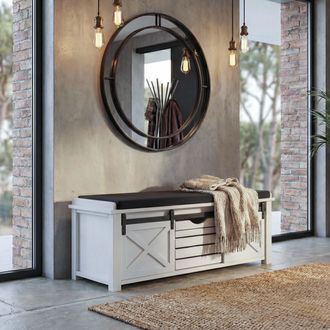 Mendler Sitzbank mit Stauf&auml;chern HWC-H53AM, Polsterbank Sitz-Kommode, Shabby-Look Massiv-Holz Metall Stoff 43x102x33cm - wei&szlig;