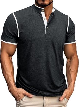Generic T-shirt Henley pour homme - Col montant - Demi-bouton - Manches courtes - Tendance - D&eacute;contract&eacute; - Confortable - Respirant - Flexible - Pour lint&eacute;rieu