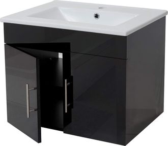 Mendler Waschbecken + Unterschrank HWC-D16, Waschbecken Waschtisch, FSC-Zertifiziert, Hochglanz 60cm - schwarz