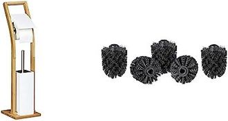 Relaxdays Stand WC Garnitur Holz HBT 75 x 19 x 19 cm Toilettenb&uuml;rstenhalter aus Bambus, Natur wei&szlig; & WC B&uuml;rstenkopf 5er Set, lose Toilettenb&uuml;rsten mit Gewinde 1