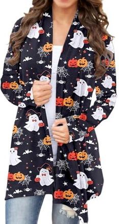 Generic 2026 Vestes dHalloween pour femmes, cardigan &agrave; manches longues, pull en tricot, d&eacute;contract&eacute;, pour lautomne et lhiver, veste confortable mi-longue impr