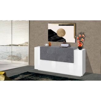 Dmora Buffet moderne avec 2 portes et 4 tiroirs, Made in Italy, Buffet de cuisine, Buffet design de salon, 160x45h86 cm, Blanc Brillant et Gris Ardoise