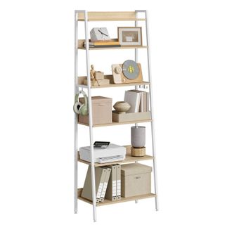 Woltu Regal, Leiterregal mit 6 Ebenen, Standregal mit 4 Haken, Metallrahmen, B&uuml;cherregal Industrie Stil f&uuml;r Wohnzimmer Badezimmer K&uuml;che, 64x187,5x36 cm Hell