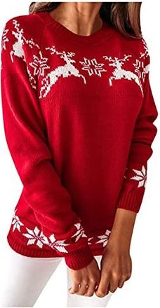 Generic Pull de No&euml;l pour femme - Automne et hiver - Imprim&eacute; flocon de neige - Pull tricot&eacute; &agrave; col rond - Haut de vacances, Rouge, M