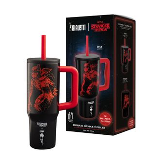 Bialetti Thermobecher mit Henkel Stranger Things, 900 ml - mit Strohhalmdeckel, leuchtet im Dunkeln, h&auml;lt die Temperatur, nicht sp&uuml;lmaschinengeeignet, Rot