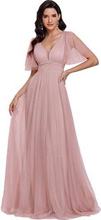 Ever-pretty Robe de Soirée Demoiselle dhonneur Femme Longue Taille Empire Col en V Manches Courtes Rose 46