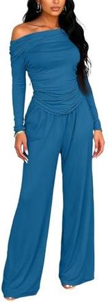 Generic Ensemble 2 pi&egrave;ces &agrave; &eacute;paules d&eacute;nud&eacute;es pour femme - Chemises &agrave; manches longues - Pantalon large - Extensible - Ample - &Eacute;paules d&eacute;nud&eacute;es, bleu, L