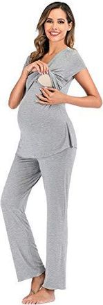 Rismart Femme Ensemble de Pyjama de Maternité et dallaitement Manche Courte Grossesse Vêtements de Nuit T-Shirt et Pantalon (Gris Clair,XL)