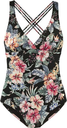 Lascana Damen Badeanzug mit floralem Alloverprint - jedes Teil EIN Unikat, raffinierte R&uuml;ckengestaltung mit gekreuzten B&auml;ndern, Softcups zum Herausnehmen
