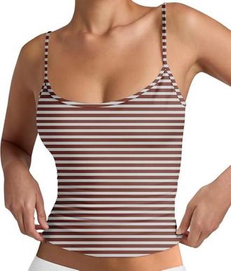 Generic D&eacute;bardeur pour femme - Bleu et blanc - Ray&eacute; - Gilet d&eacute;t&eacute; l&eacute;ger en coton - D&eacute;bardeur moulant - D&eacute;bardeur sans manches - Haut spaghetti, caf&eacute;, XXL