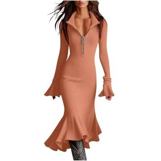 Generic Robe en tricot &agrave; manches cloches et fermeture &eacute;clair quart pour femme - Style queue de poisson moulante &agrave; manches longues, id&eacute;ale pour lautomne, les l