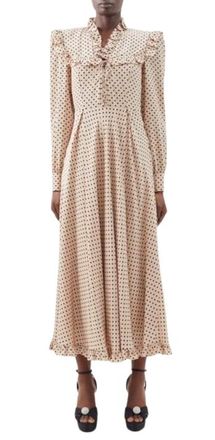 Alessandra Rich Beige Silk Polka Dot Dress with Lace Up Design Size XXS