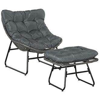 OUTSUNNY Fauteuil Chaise de Jardin avec Repose-Pieds en m&eacute;tal &eacute;poxy et r&eacute;sine tress&eacute;e Aspect rotin avec Coussins Moelleux - Gris