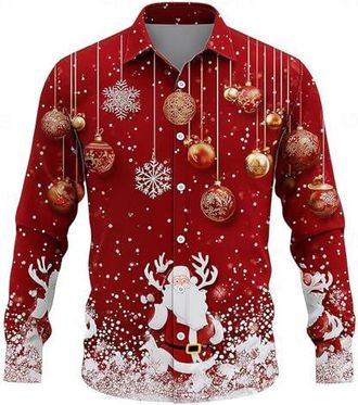 Generico Veste de No&euml;l Homme &Eacute;l&eacute;gant Slim Fit Veste Rouge de No&euml;l Manches Longues Nouvel An Robe avec Boutons Non Repasser Shirt Dr&ocirc;le 3D Impression de No&euml;l Tr